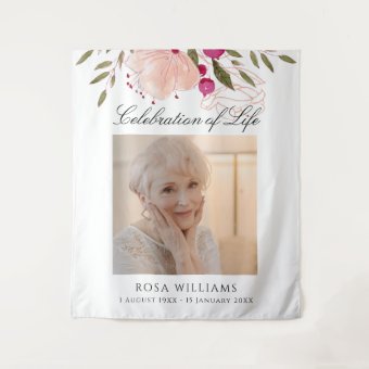 Pink Floral Celebration of Life Funeral Memorial Tapestry | Zazzle