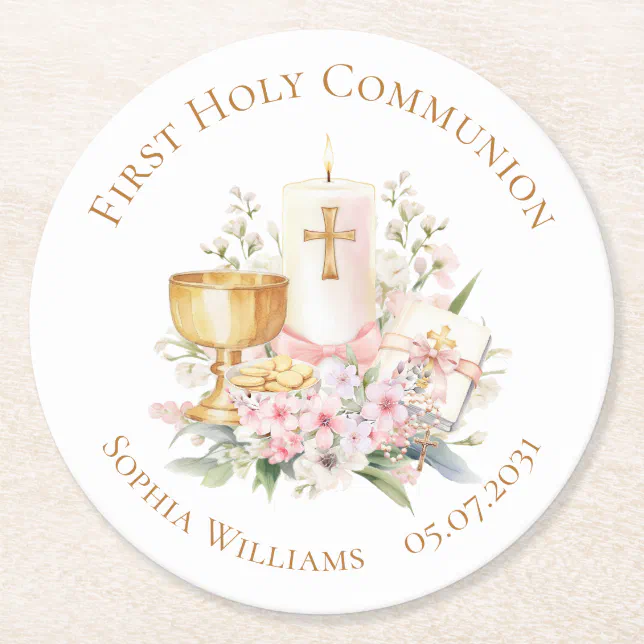 Pink Floral Chalice First Holy Communion Round Paper Coaster | Zazzle