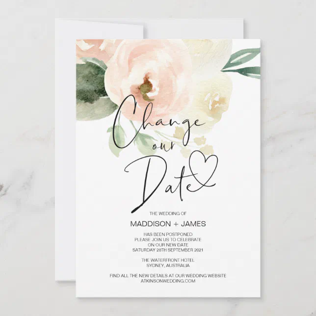 Pink Floral Change the Date Wedding Postponed Invitation | Zazzle