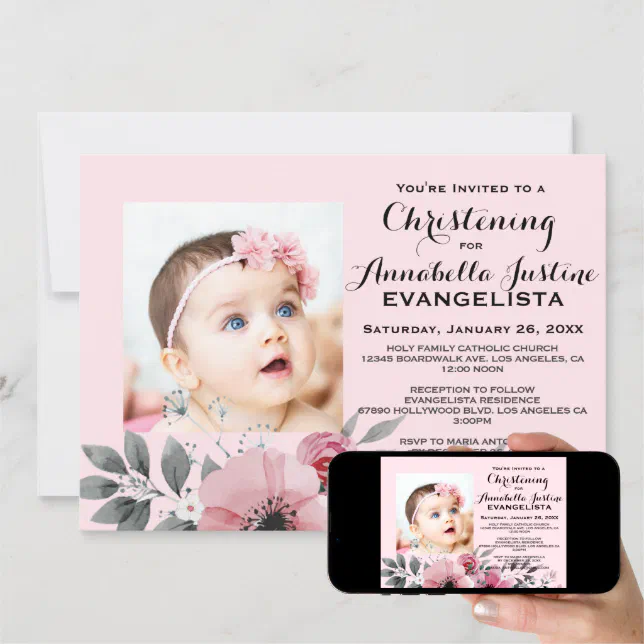 Pink Floral CHRISTENING Elegant Event Invitation | Zazzle