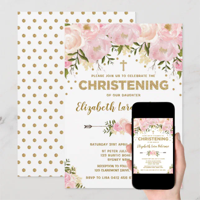 Pink Floral Christening Invitation Pastel Baptism | Zazzle