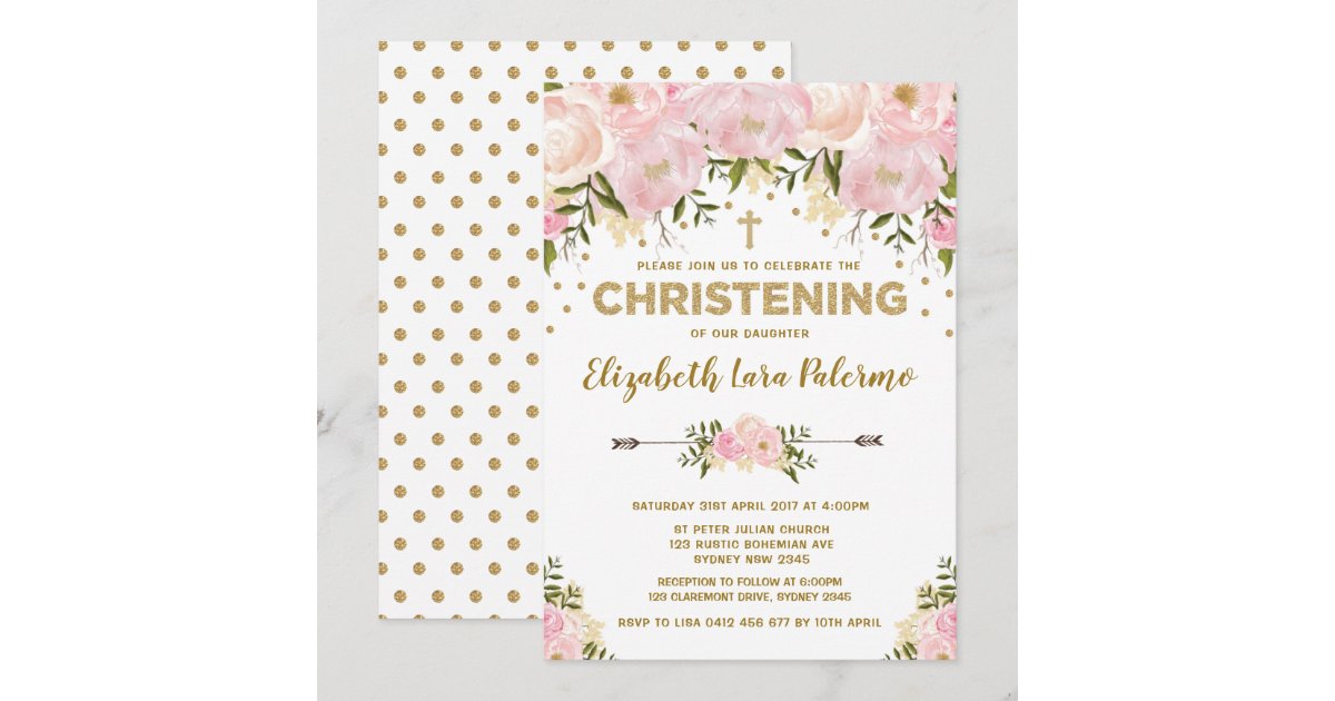Pink Floral Christening Invitation Pastel Baptism | Zazzle