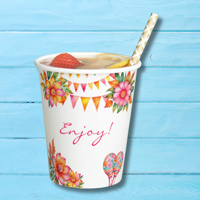 Pink Floral Colorful Fiesta 1st Birthday Paper Cups | Zazzle
