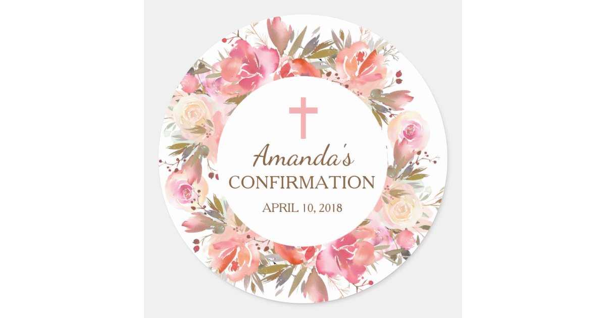 Pink Floral Confirmation Sticker | Zazzle