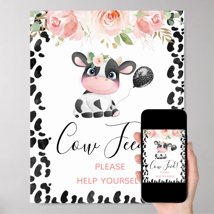 Pink Floral Cow Print Birthday Party Sign | Zazzle