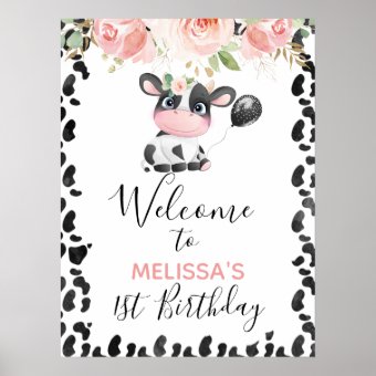 Pink Floral Cow Print Birthday Party Welcome Sign | Zazzle