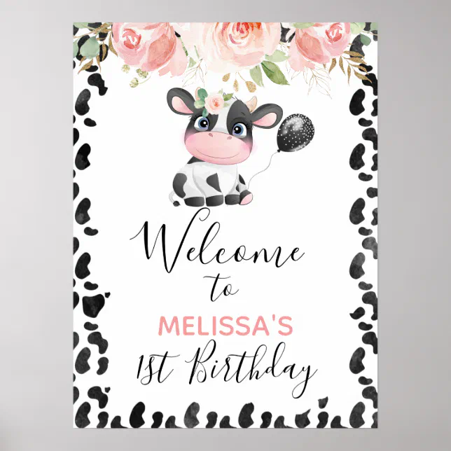 Pink Floral Cow Print Birthday Party Welcome Sign | Zazzle