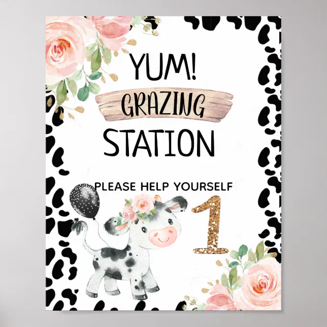 Pink Floral Cow with Cow Print Birthday Party Sign | Zazzle