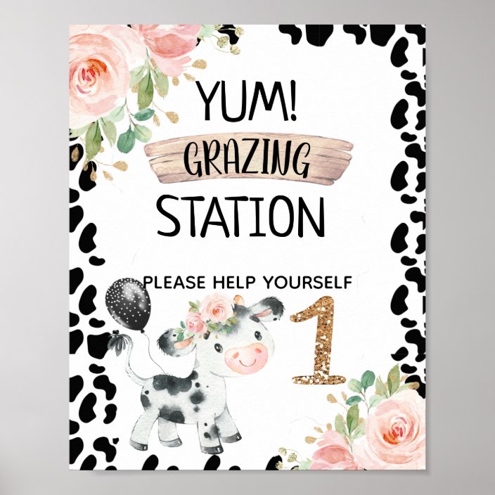 Pink Floral Cow with Cow Print Birthday Party Sign | Zazzle.com