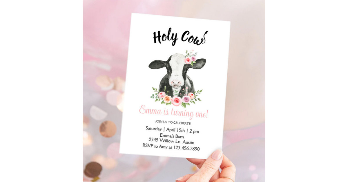 Pink Floral Cow with Cow Print Invitation | Zazzle