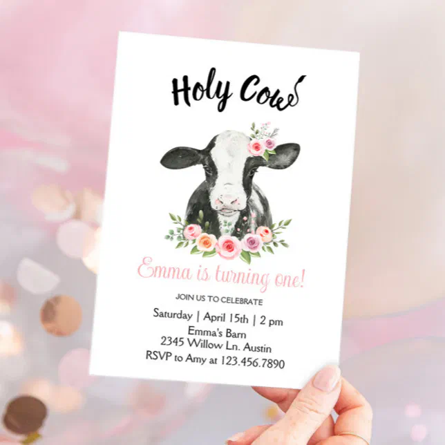 Pink Floral Cow with Cow Print Invitation | Zazzle