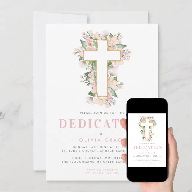 Pink Floral Cross Baby Dedication Invitation | Zazzle
