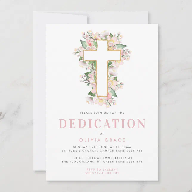 Pink Floral Cross Baby Dedication Invitation | Zazzle