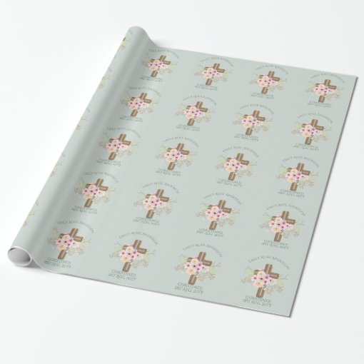 Pink Floral Cross Bouquet Girl Baptism Christening Wrapping Paper | Zazzle