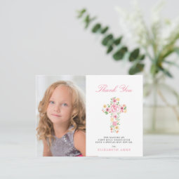 Pink Floral Cross First Holy Communion Thank You Postcard | Zazzle