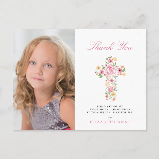 Pink Floral Cross First Holy Communion Thank You Postcard | Zazzle