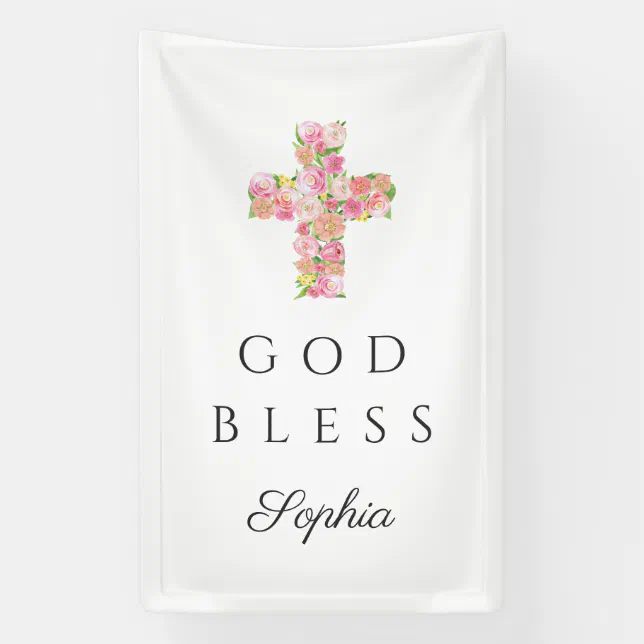 Pink Floral Cross Religious God Bless Banner | Zazzle