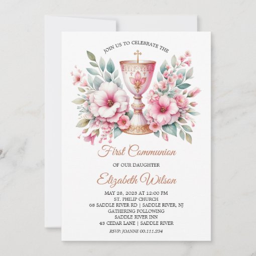 Pink Floral Cup First Holy Communion Girl Invitation | Zazzle