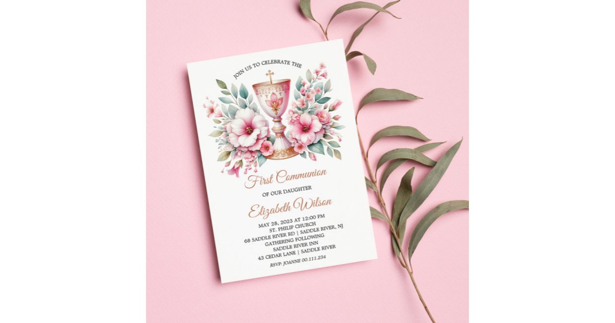 Pink Floral Cup First Holy Communion Girl Invitation | Zazzle