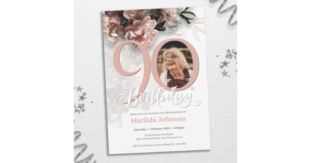 Pink Floral Custom Photo 90th Birthday Party Invitation | Zazzle