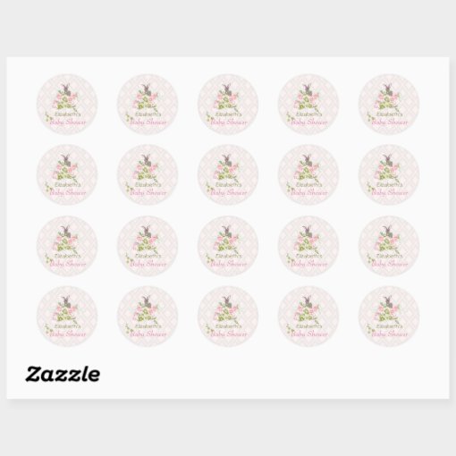 Pink Floral Cute Bunny Baby Shower Classic Round Sticker | Zazzle