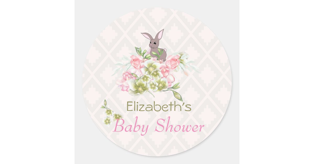 Pink Floral Cute Bunny Baby Shower Classic Round Sticker | Zazzle