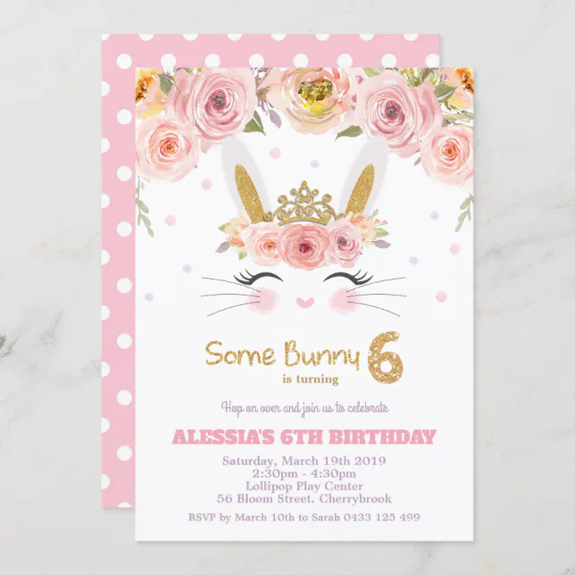 Pink Floral Cute Bunny Rabbit 6th Birthday Girl Invitation | Zazzle