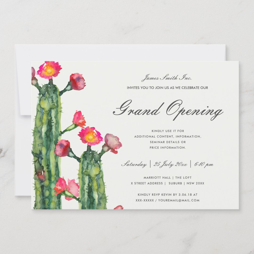 PINK FLORAL DESERT CACTI FOLIAGE GRAND OPENING INVITATION | Zazzle