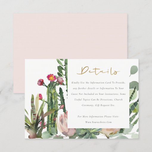 Pink Floral Desert Cacti Foliage Wedding Details Enclosure Card | Zazzle