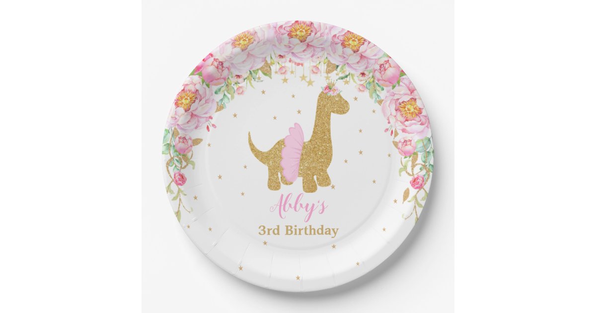 Pink Floral Dinosaur Birthday Party Brachiosaurus Paper Plates | Zazzle