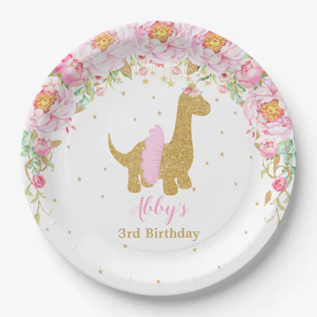 Pink Floral Dinosaur Birthday Party Brachiosaurus Paper Plates | Zazzle