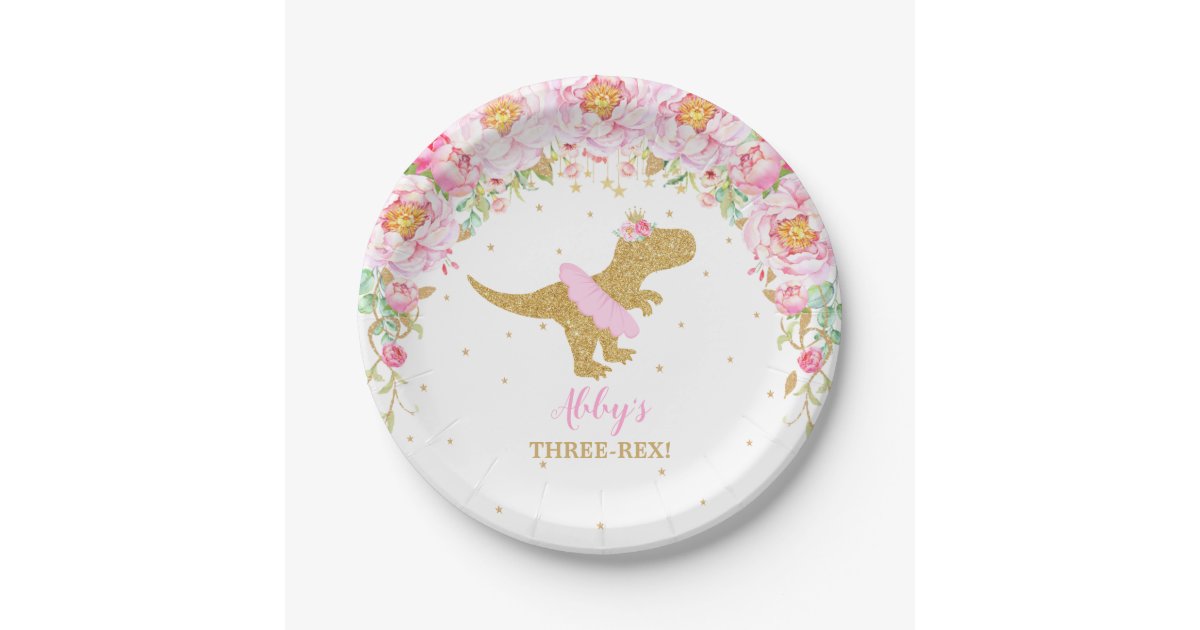 Pink Floral Dinosaur Birthday Party T-Rex 7" Paper Plates | Zazzle