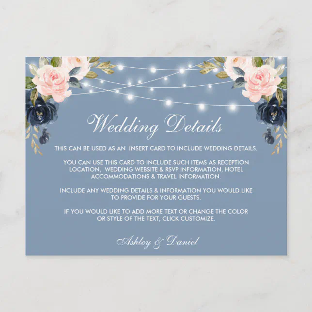 Pink Floral Dusty Blue Lights Wedding Details Card | Zazzle