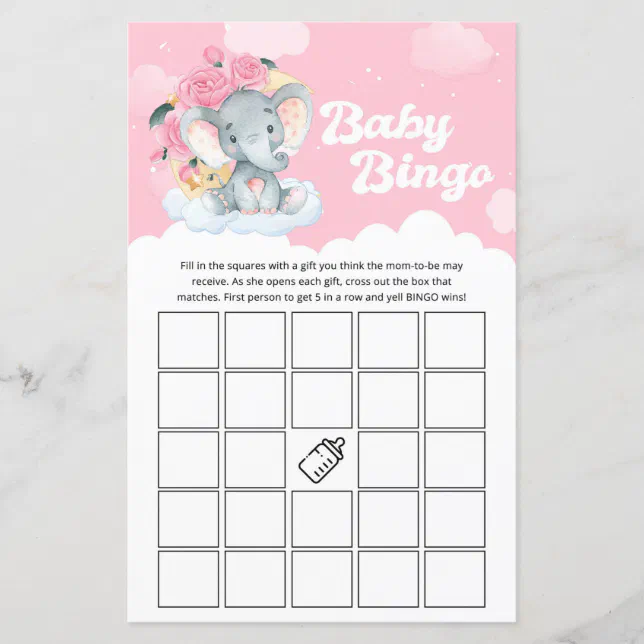Pink Floral Elephant Baby Shower Bingo Game | Zazzle