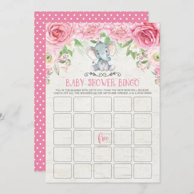 Pink Floral Elephant Bingo Baby Shower Game Card | Zazzle