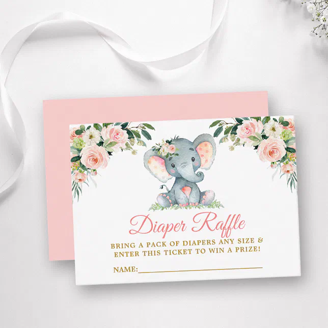 Pink Floral Elephant Diaper Raffle Baby Shower Enclosure Card | Zazzle