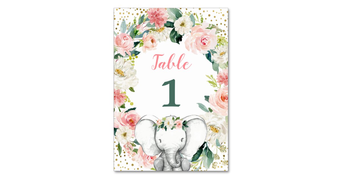 Pink Floral Elephant Girl Baby Shower Table Number | Zazzle
