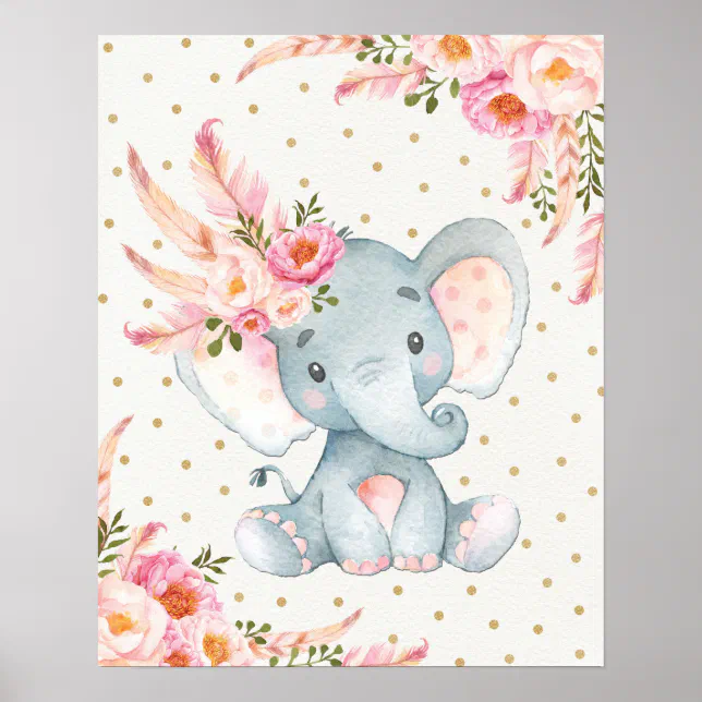 Pink Floral Elephant Nursery Art Boho Floral Decor | Zazzle