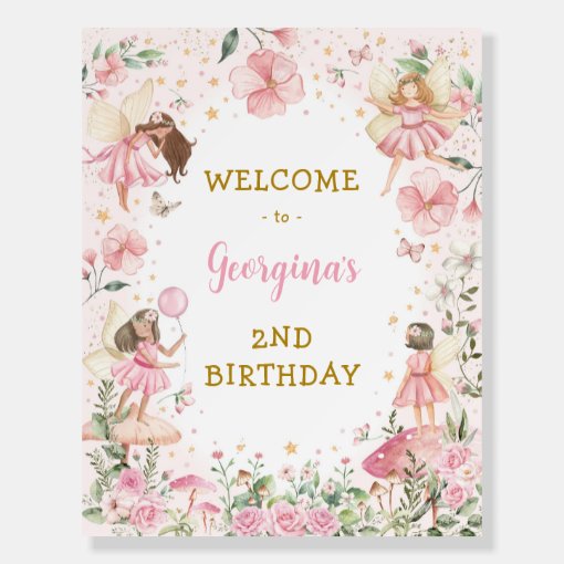 Pink Floral Fairy Garden Birthday Party Welcome Foam Board | Zazzle
