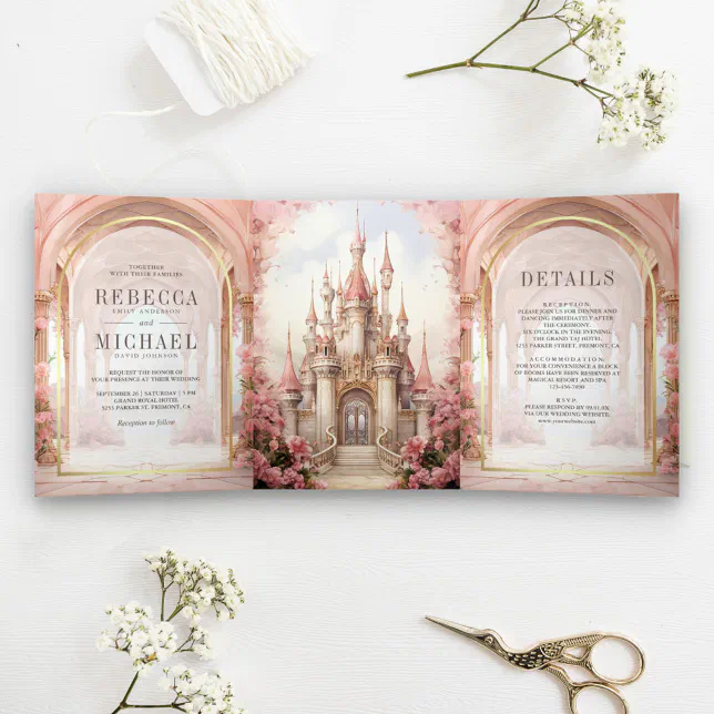 Pink Floral Fairytale Castle All in One Wedding Tri-Fold Invitation ...