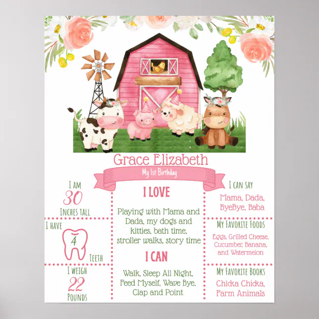 Pink Floral Farm 1st Birthday Milestone Poster | Zazzle