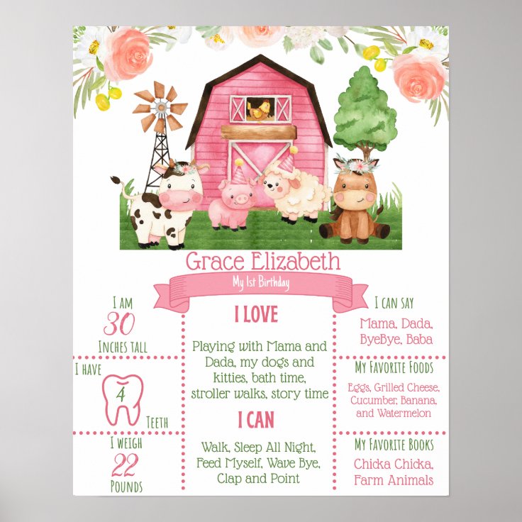 Pink Floral Farm 1st Birthday Milestone Poster | Zazzle
