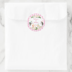 Pink Floral Farm Animal Birthday Classic Round Sticker | Zazzle