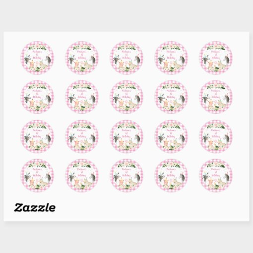 Pink Floral Farm Animal Birthday Classic Round Sticker | Zazzle