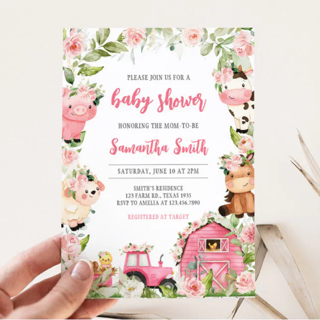 Pink Floral Farm Barnyard Baby Shower Invitation | Zazzle