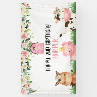 Pink Floral Farm Birthday Party Banner | Zazzle