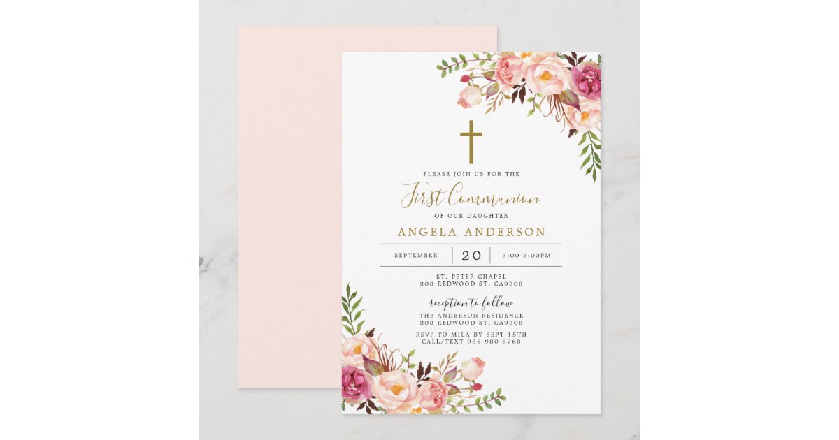 Pink Floral First Communion Invitation | Zazzle