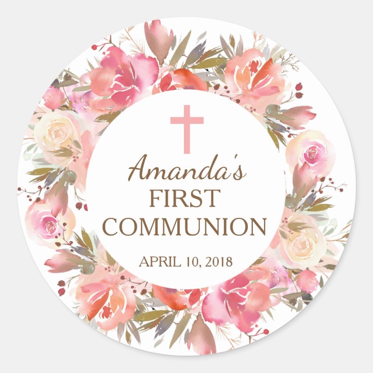 Pink Floral First Holy Communion Sticker | Zazzle