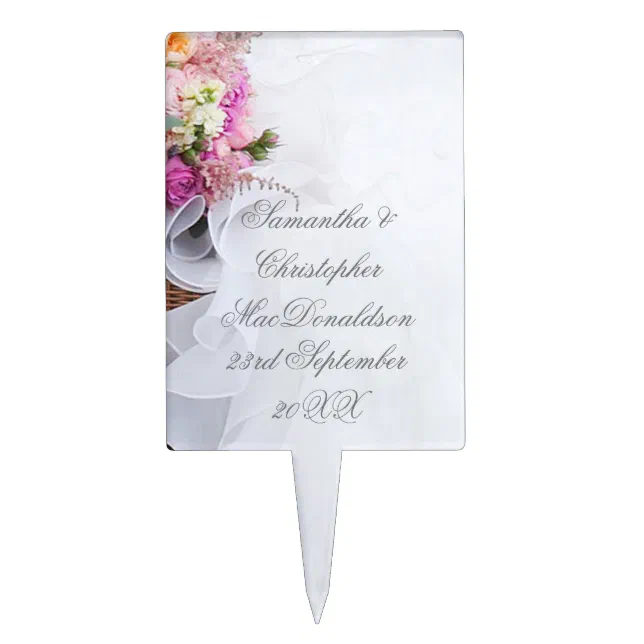 Pink floral flower bouquet and wedding dress cake topper | Zazzle