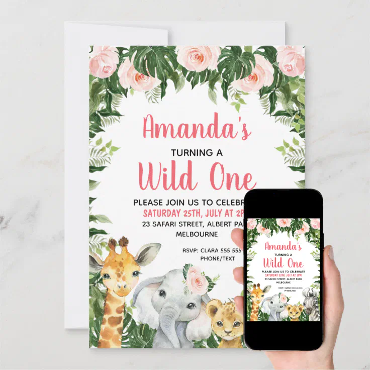 Pink Floral Foliage Safari Girls Wild One Invitation | Zazzle